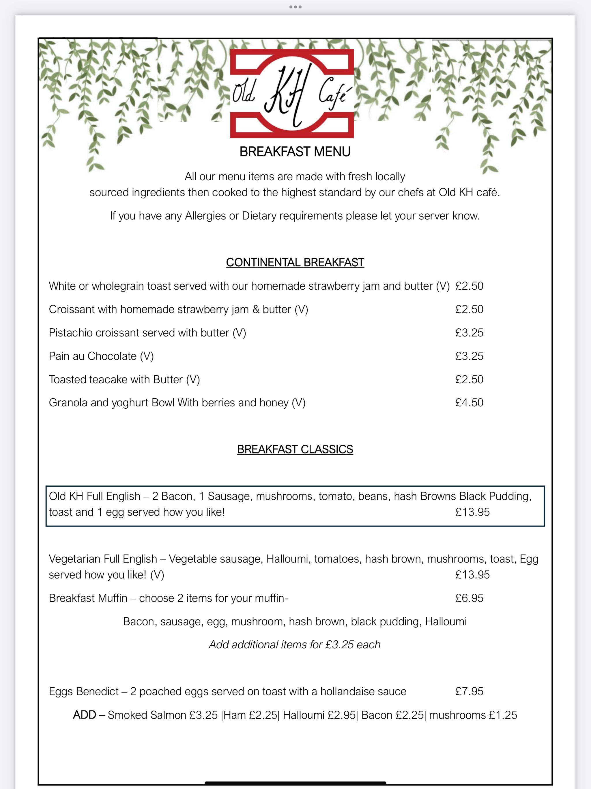 Menus - Old KH Café - Breakfasts - Lunch - Home Cooking